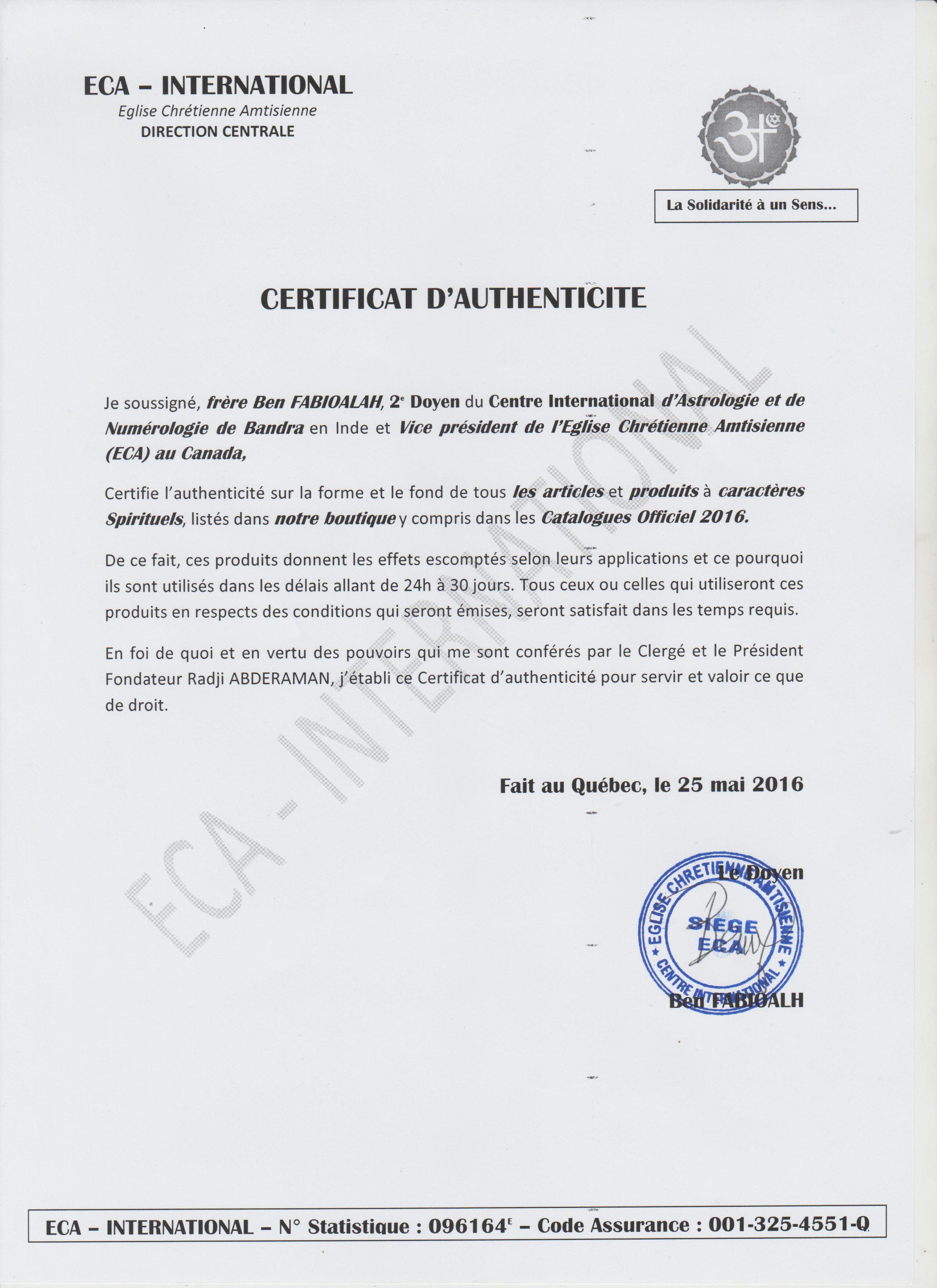 Certificat d'Authenticité des Produits
